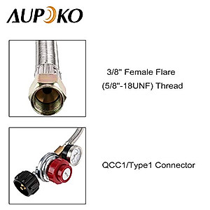 Aupoko Adjustable Propane Regulator Stainless Braided Hose 0-30 PSI with Gauge, 2 Y-Splitter Hose QCC1/Type1 to 3/8" Female Flare Fitting, for Heaters/Grills, Fire Pit High Pressure Regulator Valve
