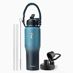 Trebo 32oz Insulated Water Bottle that Fits in Cup Holder, Stainless Steel Double Wall Tumbler Flask Bottles with Paracord Handle, with Straw Spout Lids, Keep Cold for 48 Hrs/Hot 24 Hrs,Indigo/Black