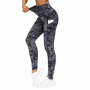 THE GYM PEOPLE Thick High Waist Yoga Pants with Pockets, Tummy Control Workout Running Yoga Leggings for Women (X-Large, Gray-Marble)