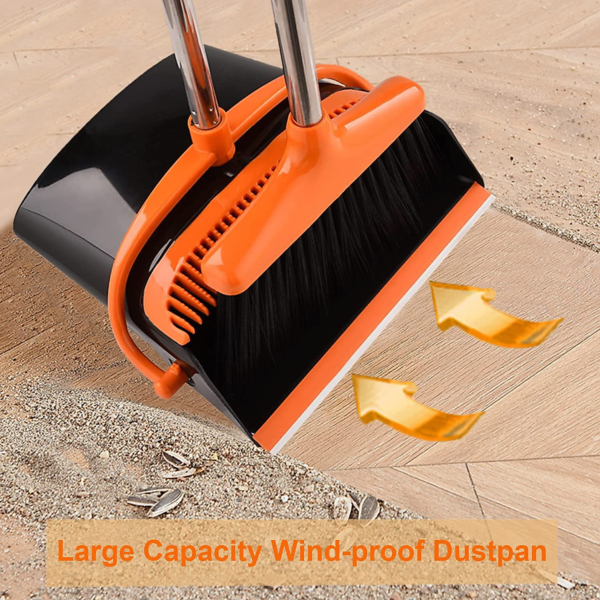 Broom and Dustpan Set - Upright Dustpan and Broom Combo Set - Self Cleaning with Dustpan Teeth Standing Dust Pan for Home Kitchen Easy Assembly, Orange