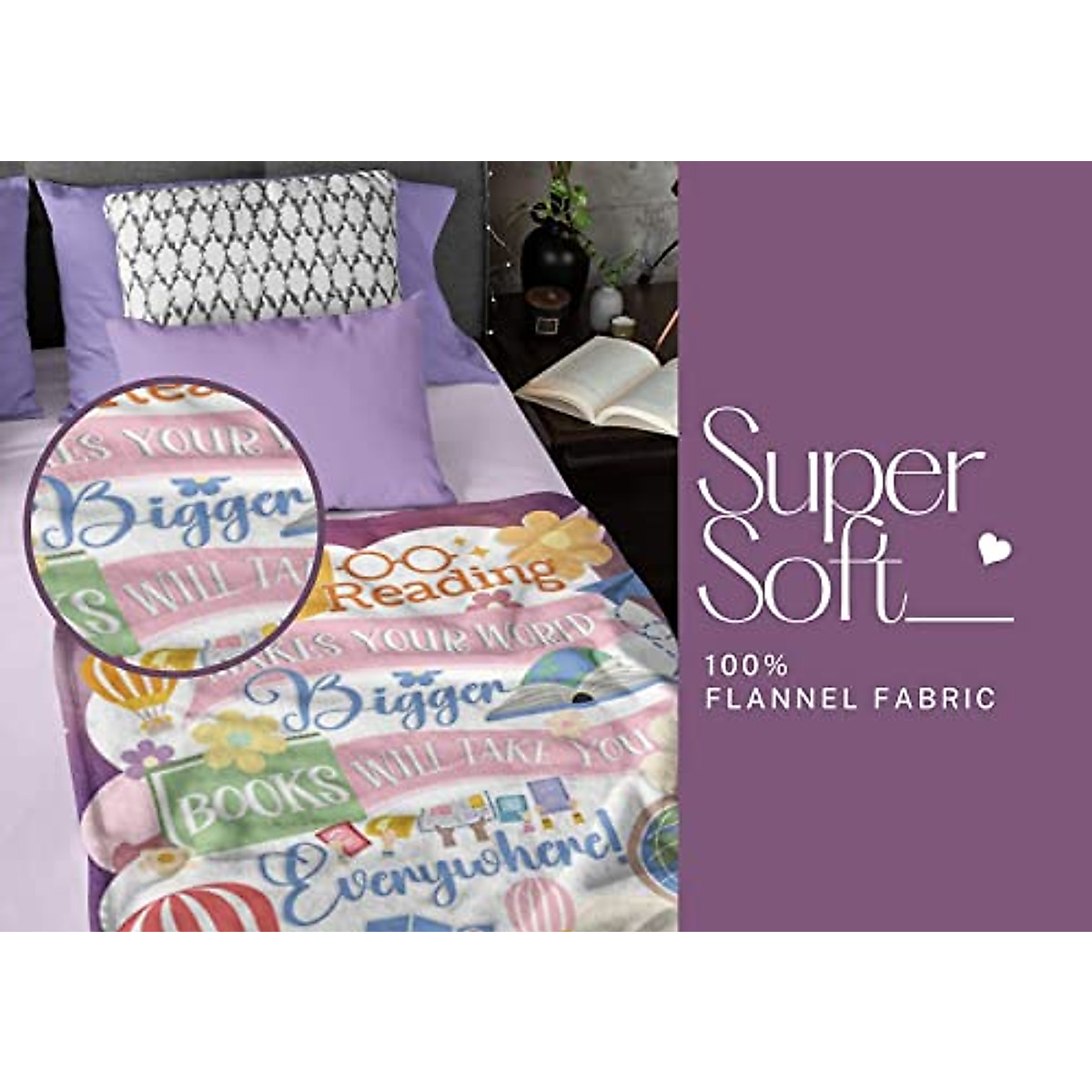 InnoBeta Book Lovers Throw Blanket - Flannel Blankets for Book Club, Bookish, Book Worm, Librarians as Reading Gifts, Reader Gifts for Christmas, Birthday - 50" x 65" - (Purple)