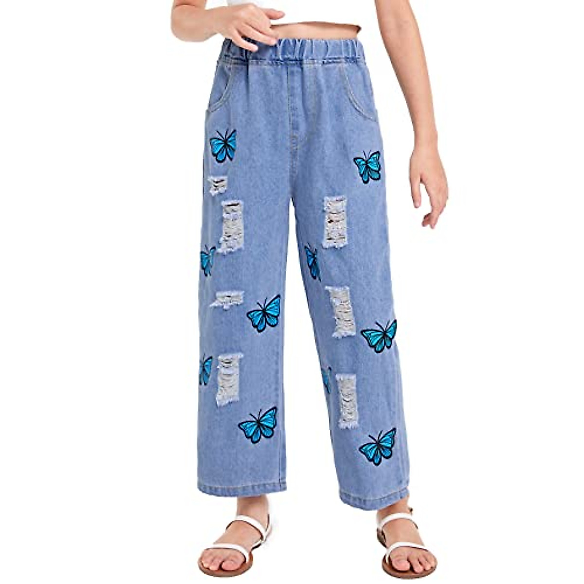 WDIRARA Girl's Butterfly Print Elastic Waist Wide Leg Ripped Jeans Denim Pants Blue 140