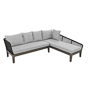 Merax L-Shaped Patio Sofa with Removable Cushions, All-Weather Outdoor Conversation Set with Throw Pillows for Garden, Lawn, Poolside, Grey