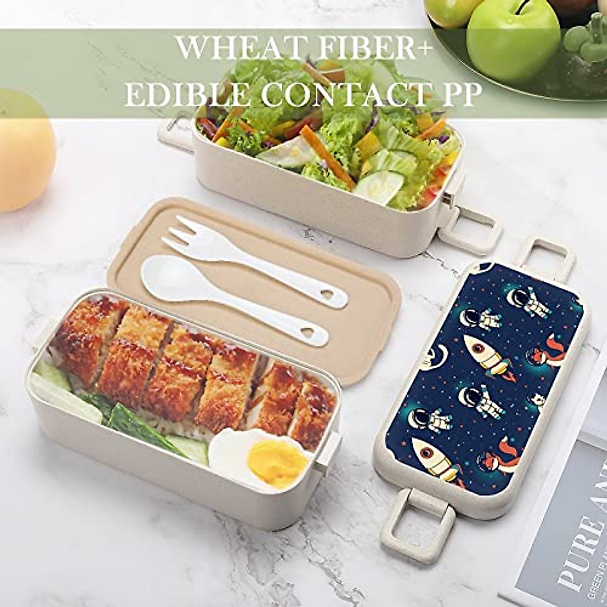 Space Foxes Cats Astronaut Bento Lunch Box 2 Compartment Food Storage Containers With Spoon And Fork