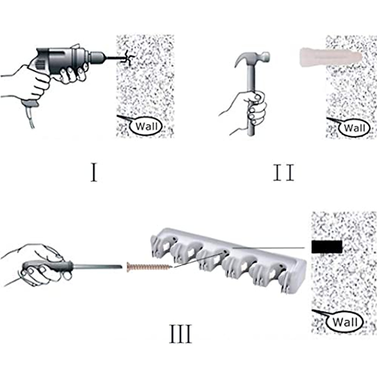 KK5 Broom Holder Rack & Garden Tool Organizer Rake or Mop Handles, Wall Mounted Commercial Organizer Saving Space Storage Rack for Kitchen Garden and Garage