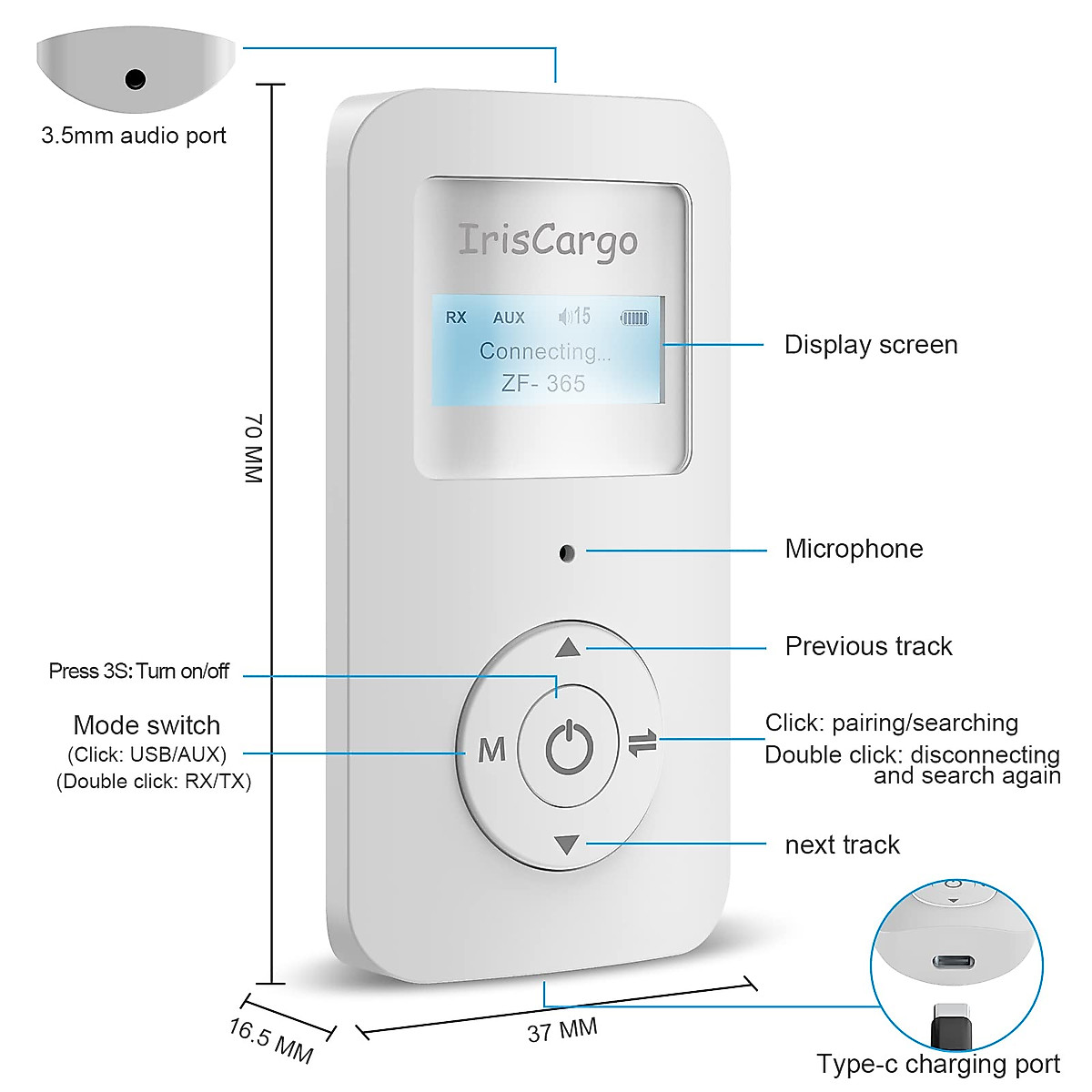 Bluetooth 5.0 Transmitter and Receiver 3 in 1, Dual Pairing Bluetooth Audio Transmitter Receiver Wireless Adapter with LCD Display 3.5mm AUX Stereo Output for TV, PC, Car, Headset, Earbud