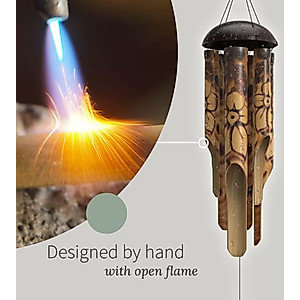 Nalulu Rustic Bamboo Wind Chimes - Outside Outdoor Wooden Windchimes, Medium, Floral Burned Design with Coconut Crown, Handcrafted with Calming Deep Tones, Home Decor Ideal Gift for Him & Her