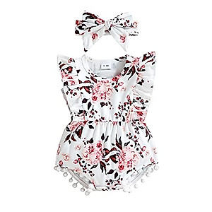 Hascloth Newborn Baby Girl Romper Infant Tassel Bodysuit Floral Dress Shorts Jumpsuit Ruffle Sleeveless Summer Clothes Outfit Set Brown 0-3 Months