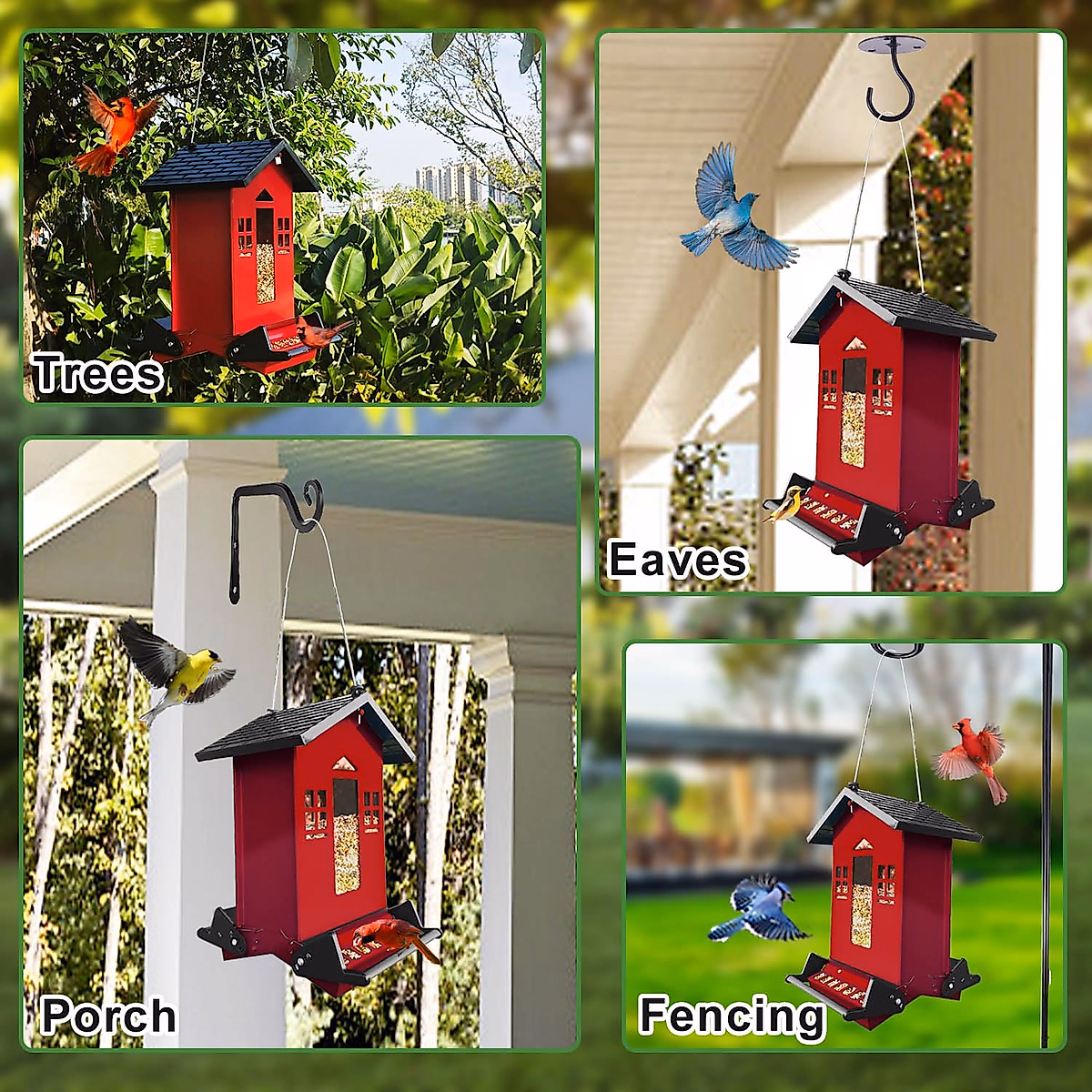 Squirrel Proof Bird Feeder, Red Metal Bird Seed Feeder for Outdoors Hanging Chew-Proof, 5lbs Large Seed Capacity for Cardinal, Finch, Sparrow, Blue Jay, Swallow, Parrot