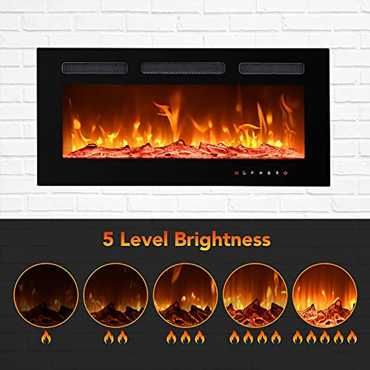 E EUHOMY 50-inch Electric Fireplace, Recessed and Wall Mounted Fireplace Heater, Adjustable Brightness, Multiple Colors, Dual Control Remote and Touch Screen, Indoor Heater with Timer, 750W/1500W