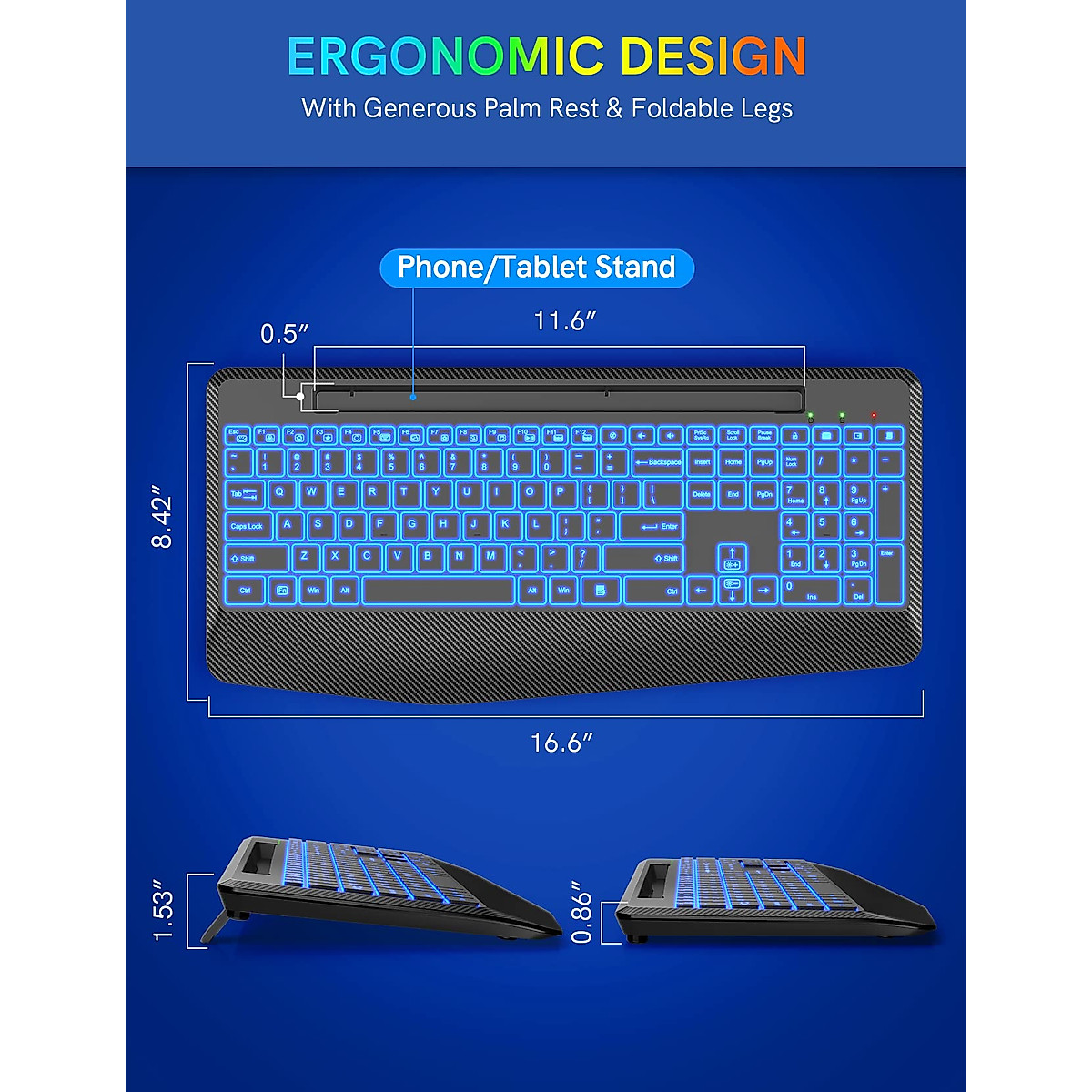 Wireless Keyboard with 7 Colored Backlits, Wrist Rest, Phone Holder, Rechargeable Ergonomic Computer Keyboard with Silent Keys, Full Size Lighted Keyboard for Windows, Mac, PC, Laptop (Black)