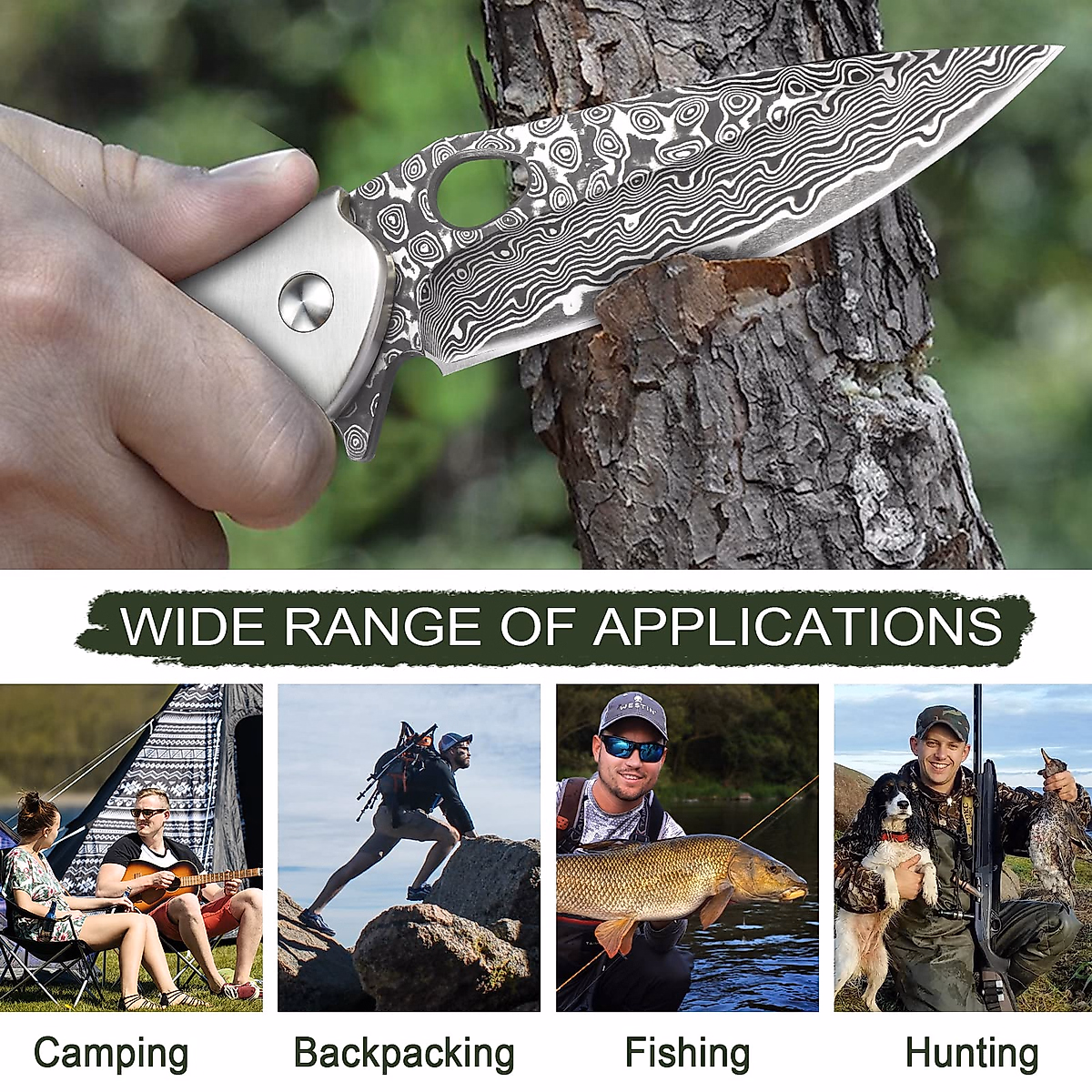KOMWERO Damascus Pocket Knife for Men, VG10 Core Damascus Steel Folding Knife with Wood Handle, Ball Bearing, Thumb Hole, Liner Lock, Sheath for EDC Outdoor Survival Hunting
