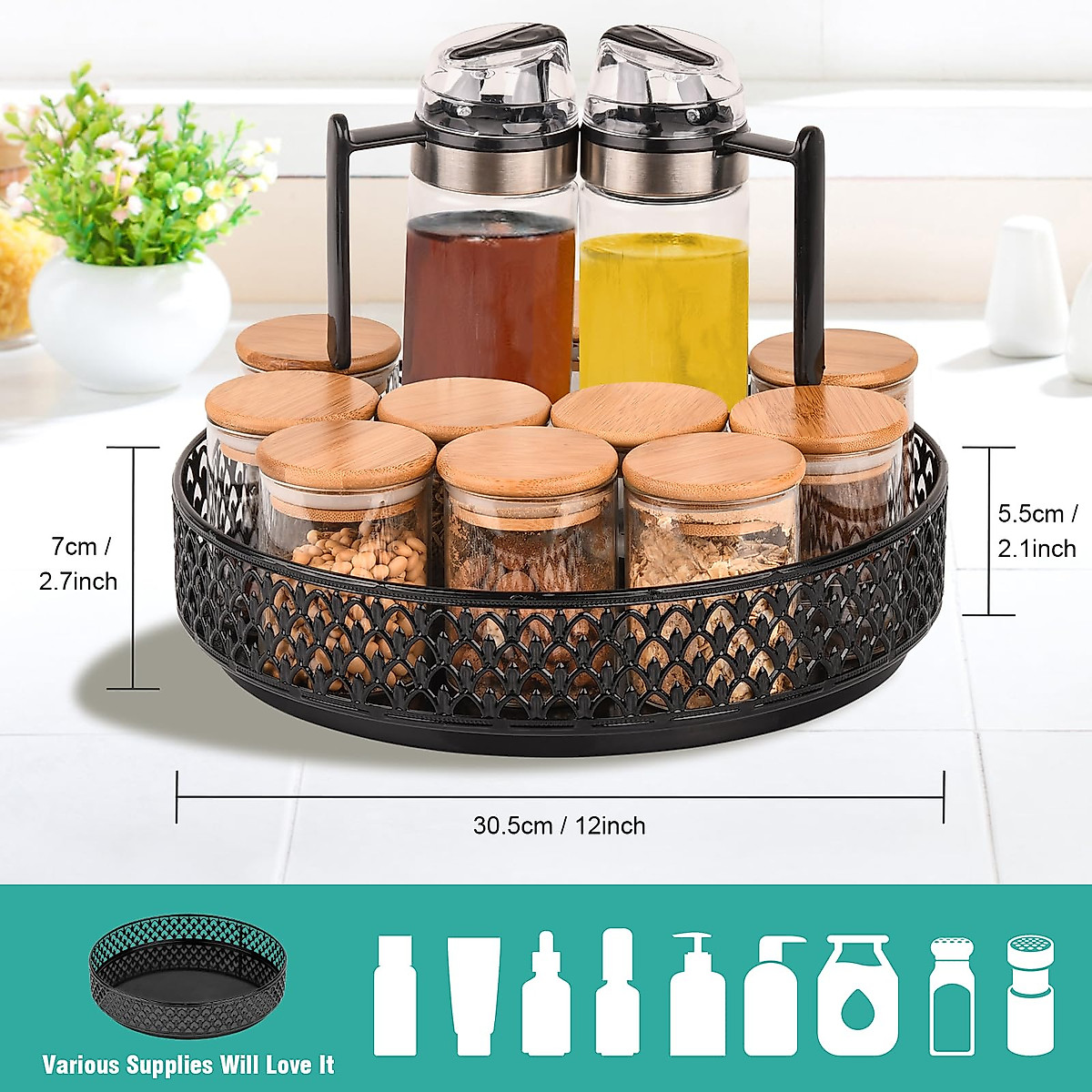 Lindeza Lazy Susan Organizer, 12Inch Lazy Susan Turntable Organizer for Cabinet Table, Metal Rotating Spice Rack, Turntable Organizer with Non-Slip Pad for Kitchen, Fridge, Bathroom, Pantry, Vanity