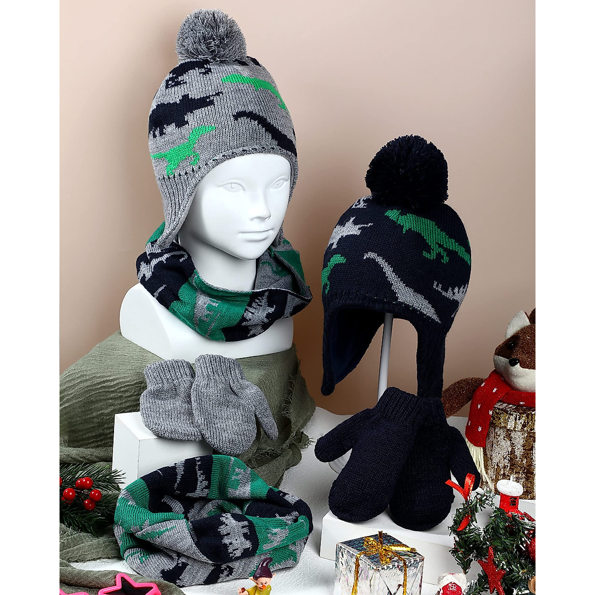 SATINIOR 6 Pieces Winter Boys Hat Dinosaur Warm Mittens Set Pompom Baby Knitted Hat Scarf Gloves Earflap Beanie (Stylish Color)