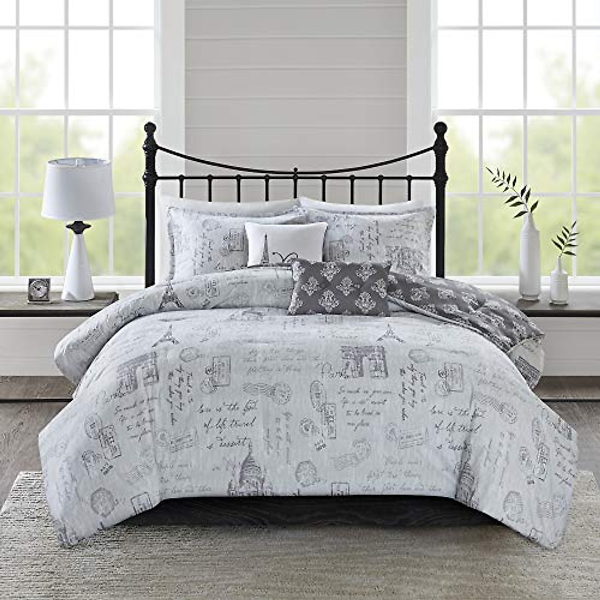 510 DESIGN 5DS10-0174 Marseille 5-Piece Reversible Paris Printed Comforter Set Gray/Charcoal Full/Queen