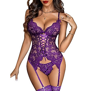 ADOME Lace Lingerie with Panty Sets for Women V Neck Bodysuit Teddy with Garter Belts Purple XXL
