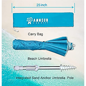 AMMSUN 6ft Folded PortableTravel Beach Umbrella with Sand Anchor, Tilt and Air vent UPF 50+UV Protection fit in suitcase Portable Compact Foldable beach umbrella for Patio Garden Beach Pool Backyard Sky blue