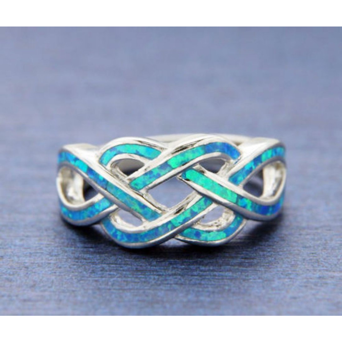 Crisscross Infinity Celtic Created Blue Opal Ring 925 Sterling Silver, Size - 8