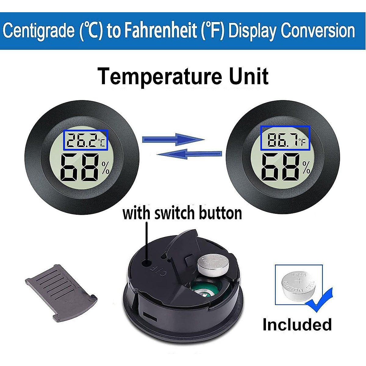 Meggsi 2 Pack Mini Digital Hygrometer Gauge Indoor Thermometer, LCD Monitor Temperature Outdoor Humidity Meter for Greenhouse Jars Incubators Guitar Case, Fahrenheit (℉) or Celsius(℃)