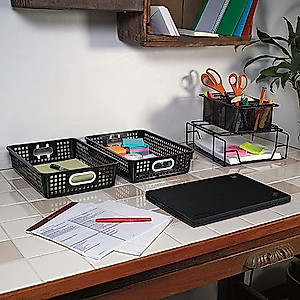 Really Good Stuff - 666019 Plastic Desktop Paper Storage Baskets for Classroom or Home Use – 14”x10” Plastic Mesh Baskets Keep Papers Crease-Free and Secure – Black Baskets with White Handles (Set of 4)