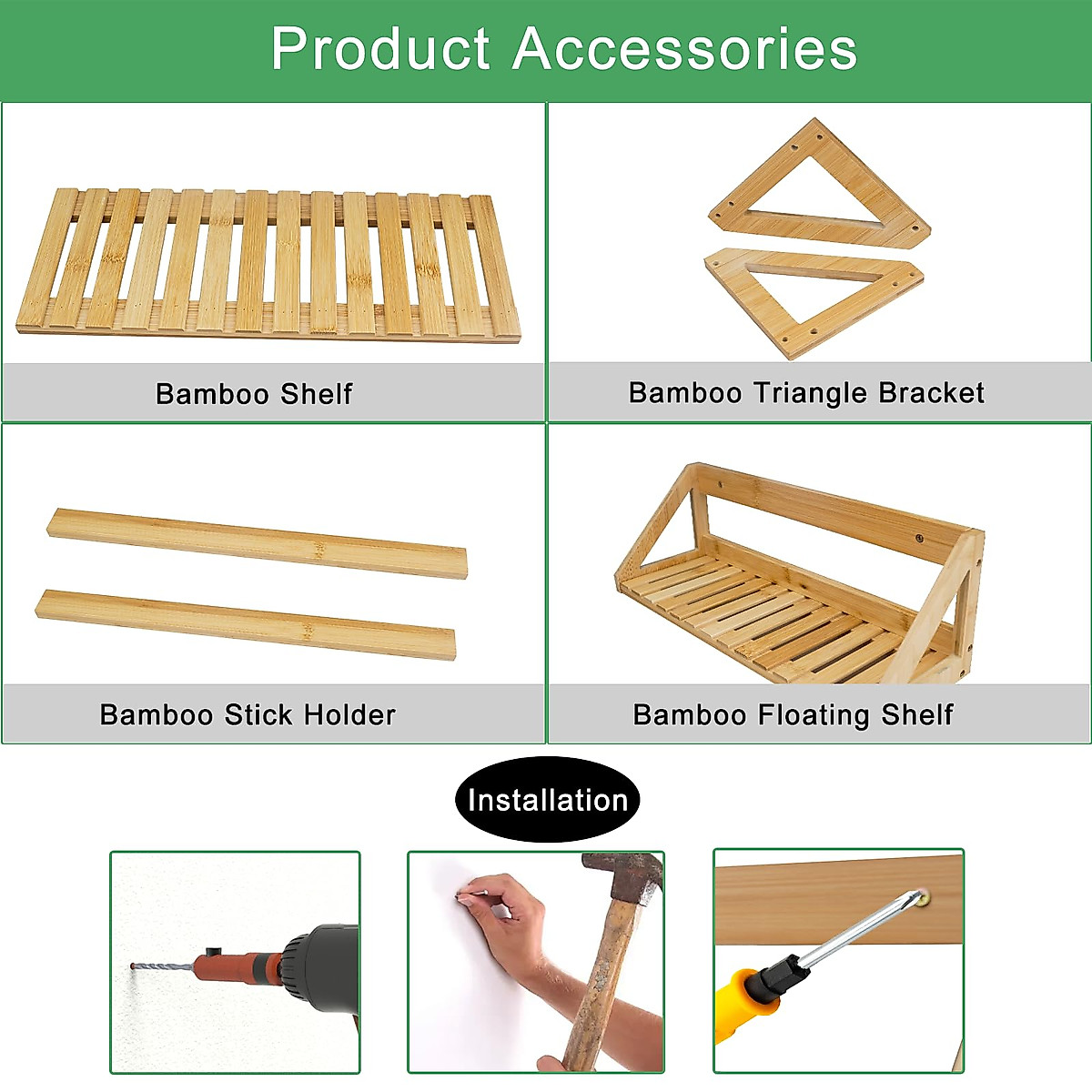 ONEHAUS Floating Shelves Wall Mounted, 3 Pcs Solid Bamboo Wall Hanging Rack Holder, Wall Storage Shelves for Bedroom, Living Room, Bathroom, Kitchen, Office Decor