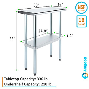 14" x 30" AmGood Stainless Steel Work Table | Metal Kitchen Food Prep Table | NSF | Commercial & Residential Kitchen Laundry Garage Utility Bench