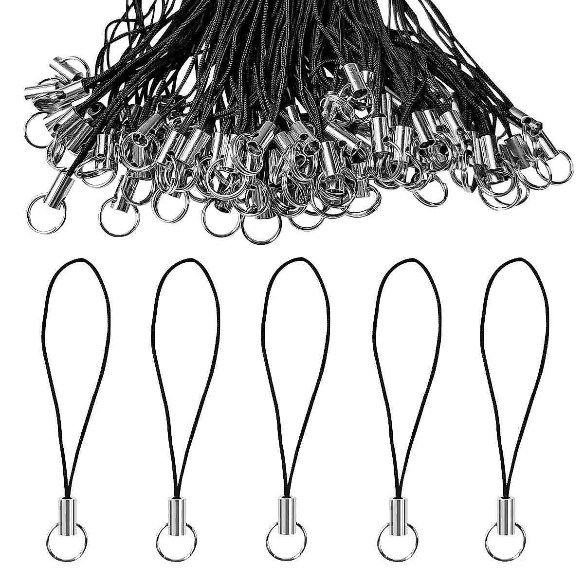 100 Pieces Lanyard Phone Ring Strap for Cellphone Mobile Lariat Lanyard Cell Phone Split Ring Strap Charm Cords with Silver Tone Split Ring for Mobile USB Flash Drive MP3 Keychain Keyring DIY (Black)