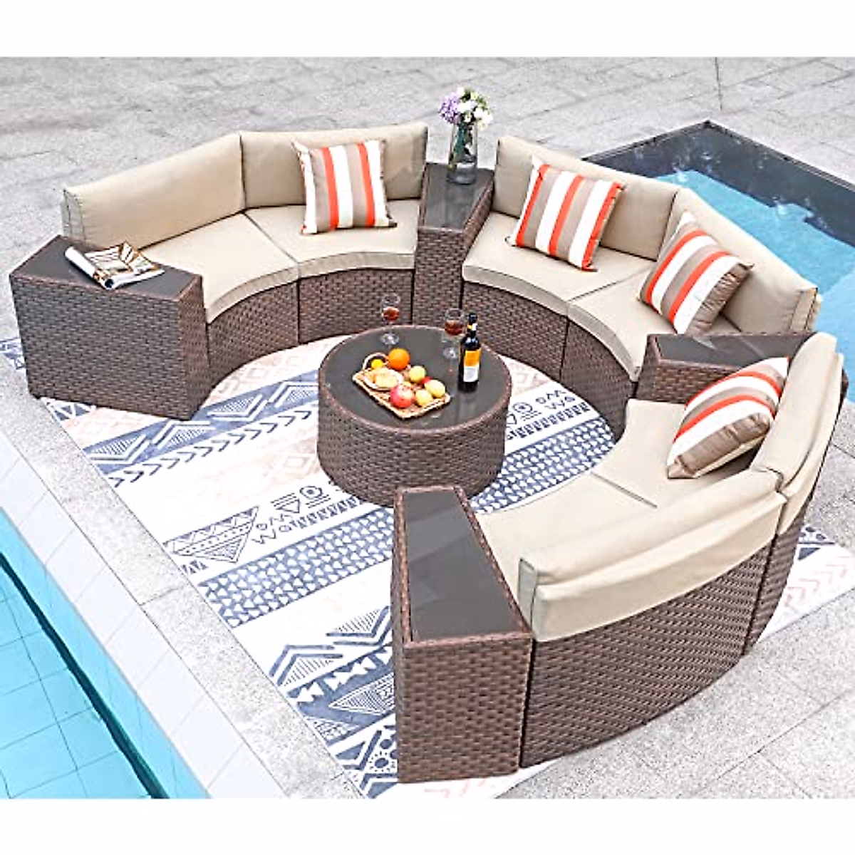 SUNSITT Outdoor Sectional Set 11-Piece Half Moon Patio Furniture Brown Wicker Sofa Beige Cushions with 4 Side Table and 4 Pillows