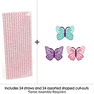 Big Dot of Happiness Beautiful Butterfly - Paper Straw Decor - Floral Baby Shower or Birthday Striped Decorative Straws - Set of 24