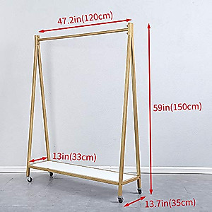 OLDRAINBOW Clothing Racks with Wood Shelves 59in,Retail Rolling Display Rack with Wheels,Commercial Clothes Racks for Hanging Clothes,Metal Garment Rack(Gold)