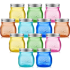 Tessco 12 Pieces 8 oz Colored Mason Jars with Lids Glass Regular Mouth Canning Jar Pint Mason Jars Not Allowed Dishwasher