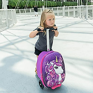 KIDDIETOTES 3-D Hardshell Ride On Suitcase Scooter for Kids - Cute Lightweight Kids Luggage with Wheels - Fun LED Lights