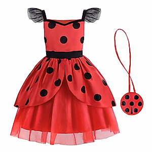 ReliParty Ladybug Dress for Girls with Mask and Bag Costume for Kids Dress Up Costume Birthday Halloween Christmas,140