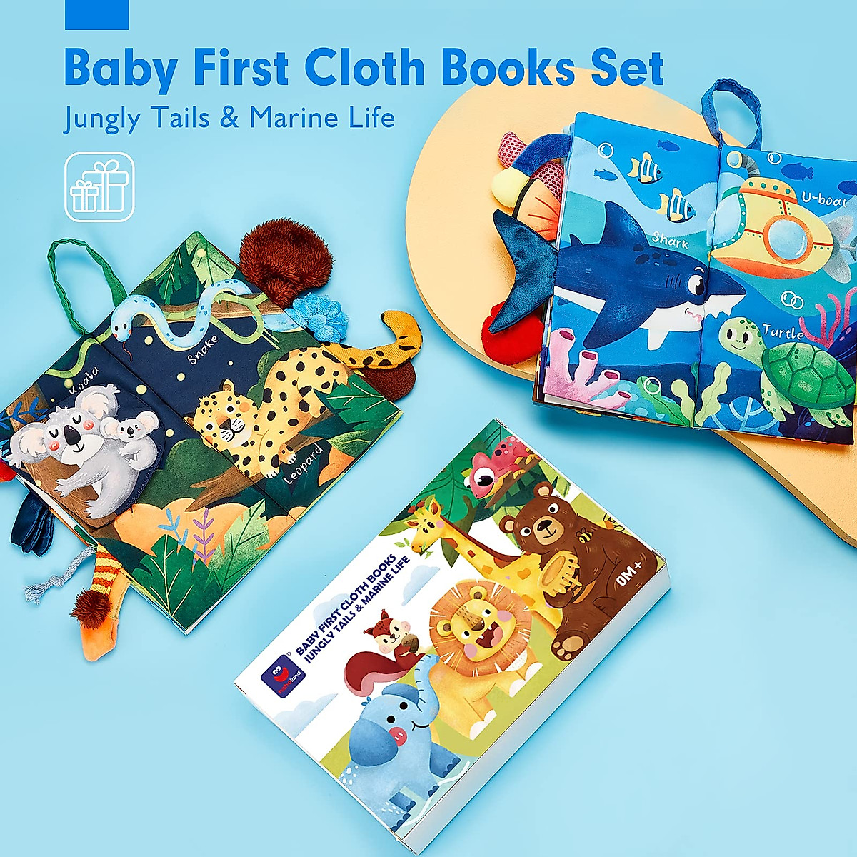 hahaland Baby Books 0-6 Months - 2PCS Baby Toys 0-6 Months Baby Toys 6-12 Months - Touch & Feel Tummy Time Books, Baby Boy Gifts, 3 6 9 Month Old Toys
