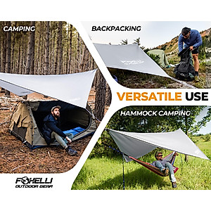 Foxelli Hammock Rain Fly - Waterproof Lightweight Tent & Hammock Rain Tarp for Camping, Backpacking w/Easy Setup Including Extra Long Guy Lines & Stakes