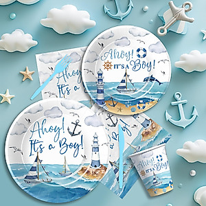 Suhelkit Ahoy Its A Boy Baby Shower Decorations Tableware - Nautical Baby Boy Decorations, Plate, Cup, Napkin, Disposable Cutlery, Anchor Nautical Party Supplies For Sailor Boat Baby Shower | 24 Guest