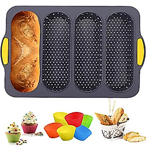 MUJUZE Silicone Loaf Pan Baking Pan for Baking French Baguettes/Hot Dog Buns, bread mold for baking with 6 Muffin Cups,Nonstick &Easy Clean&Heat Resistant Silicone Loaf Pan with Four-hole Baguette