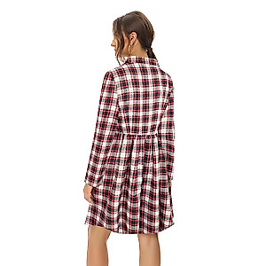 FANCYINN Women's Gingham Stand Collar Shirt Dress Button Up Casual Round Up Long Sleeve Mini Plaid Shirt Dresses Christmas Red and Black XL