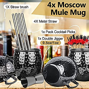 LINALL Moscow Mule Mugs- Set of 4 Gunmetal Black Plated Stainless Steel Mug 18oz, Measuring Cup, Cocktail Picks for Chilled Drinks (4pcs)