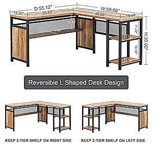 FATORRI L Shaped Computer Desk, Industrial Office Desk with Shelves, Rustic Wood and Metal Corner Desk for Home Office (Rustic Oak, 59 Inch)