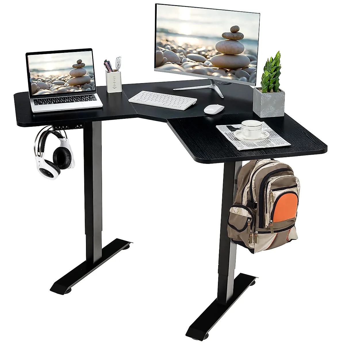 Tangkula L Shaped Electric Standing Desk, 59.5 Inch Corner Stand Up Desk w/ 4 Memory Positions & LCD Display, Height Adjustable Rolling Office Sit Stand Desk w/Lockable Casters & Anti-collision Design
