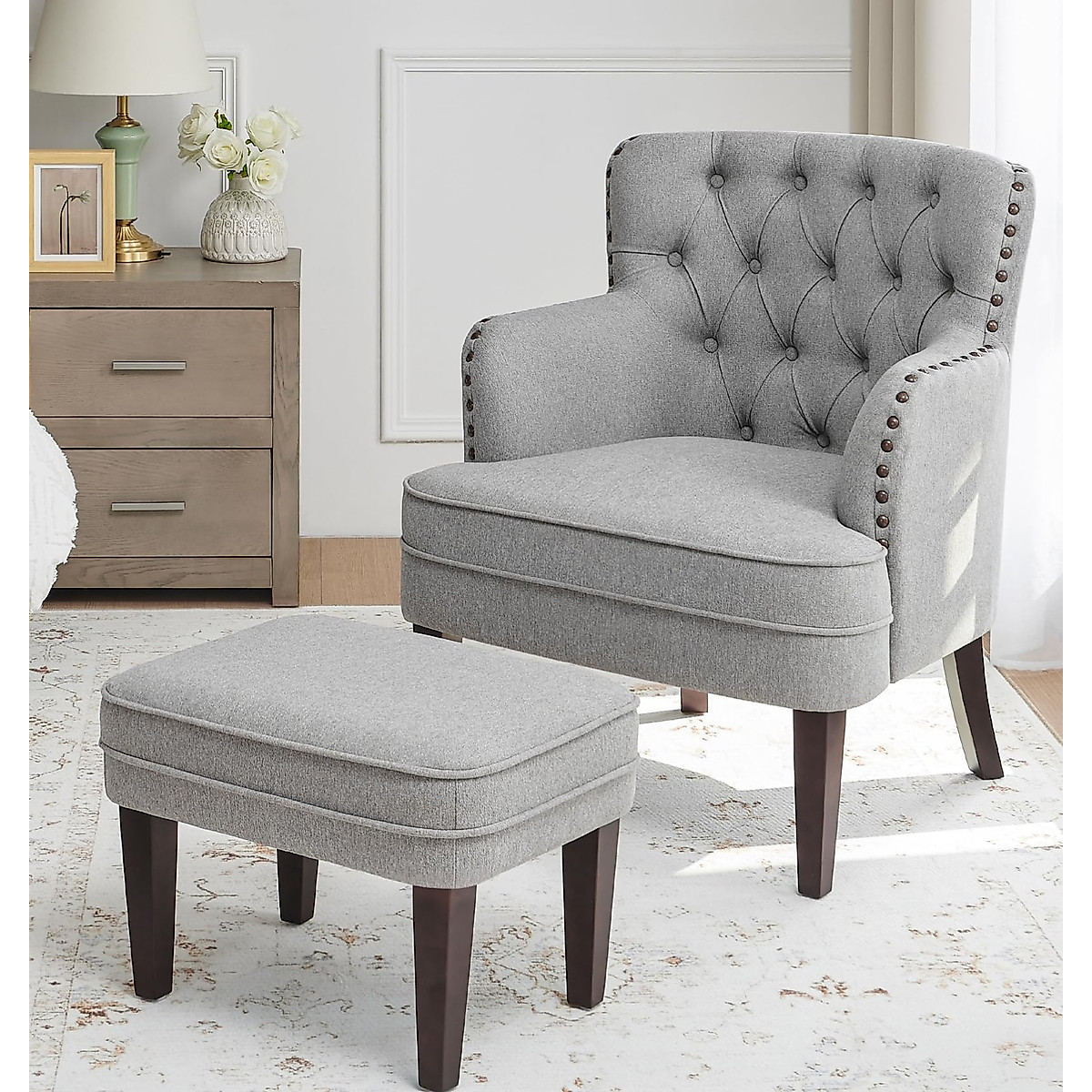 Accent Chair with Ottoman, Living Room Chair, Footrest Set Vintage Brass Studs, Button Tufted Upholstered Armchair for Room, Comfy Reading Bedroom, Reception (Grey)