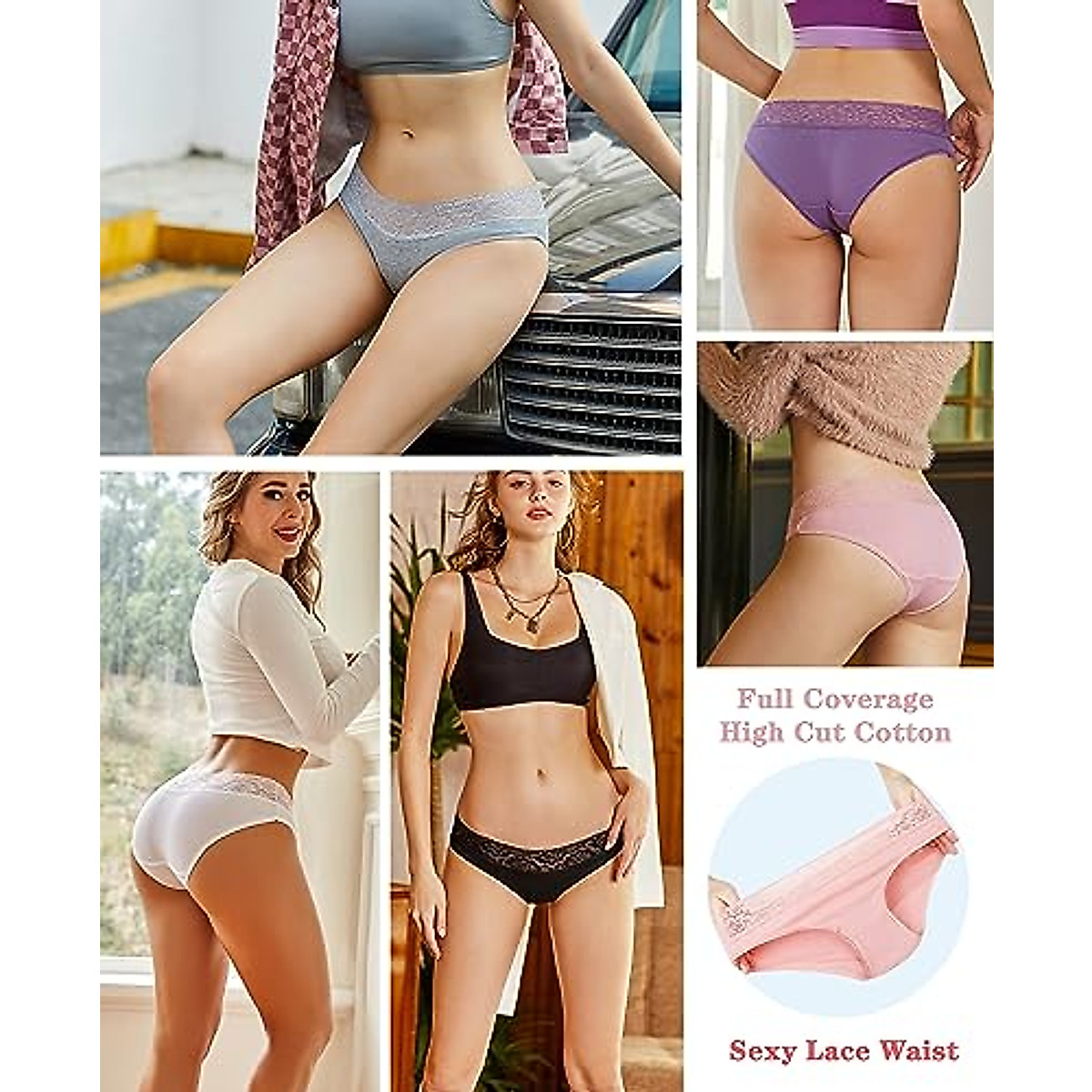 Knowyou Cotton Underwear Cheeky Panties for Women - Lace Waist Bikinis Breathable Hipster 7 Pack