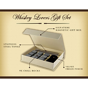 Set of 9 Grey Beverage Chilling Stones [Chill Rocks] Whiskey Stones for Whiskey and Other Beverages - in Gift Box with Velvet Carrying Pouch - Made of 100% Pure Soapstone - by Quiseen