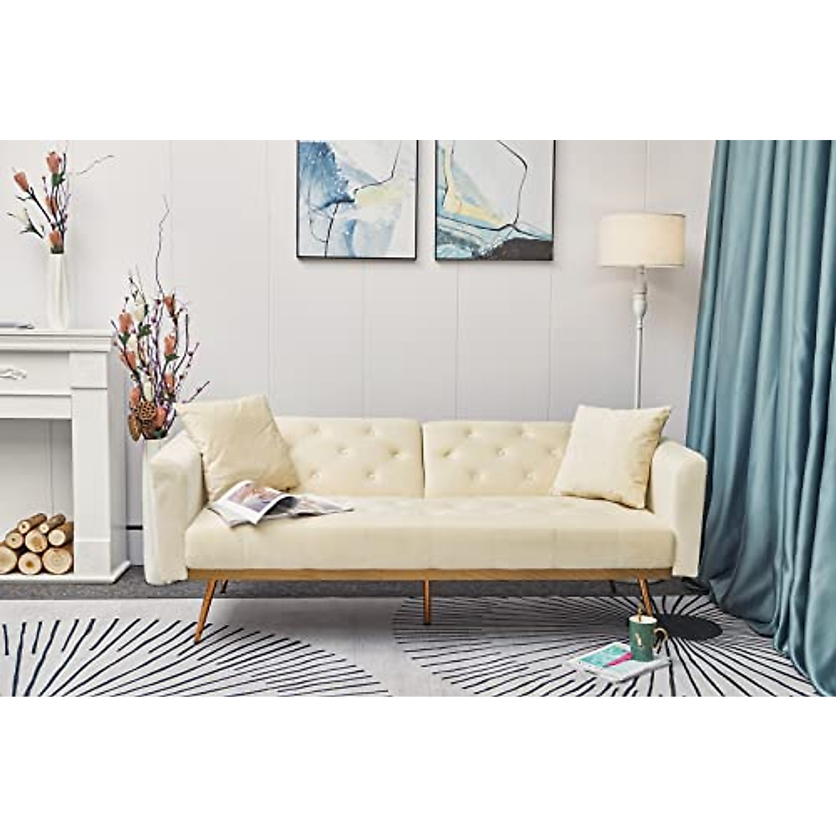 68.3" Loveseat Sofa Bed Convertible Sleeper Couch Daybed, Multifunctional Velvet Upholstered Folding Recliner, Splitback Small Futon Sofá Couches, 2 Seaters with Metal Legs&Two Pillows for Living Room