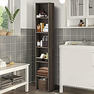 HOFFREE 6-Tier Narrow Bookcase Tall Wood Bookshelf Cabinet Cube Organizer Book Shelves Display Storage Shelves Rack for Small Spaces Home Office Living Room - Oak