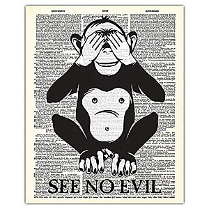 3 Wise Monkeys Dictionary Wall Art Prints: Unique Room Decor for Boys, Men, Girls & Women - Set of Three (8x10) Unframed Pictures - Great Gift Idea