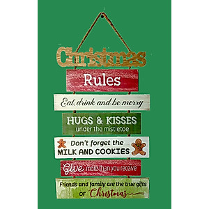 Christmas Wood Wall Decor Hanging Sign, Rustic Wooden Plaque, Holiday Rules 23" x 13.75" Jute Hanger