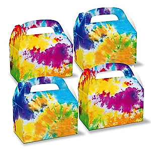 Tie Dye Treat Boxes with Handles, Colorful Goodie Boxes for Kids Candy Box Party Favor Boxes, Paper Gable Boxes Tie Dye Favors Supplies for Hippie Theme Birthday Wedding Bridal Shower Decoration, 24 Pieces