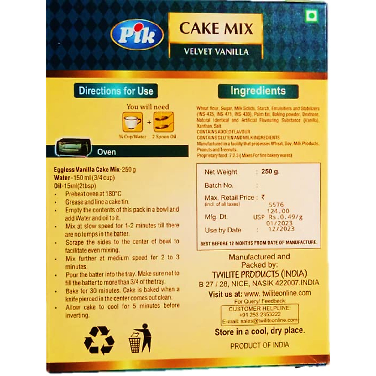 Pik Eggless Cake Mix - Velvet Vanilla 250g Unique